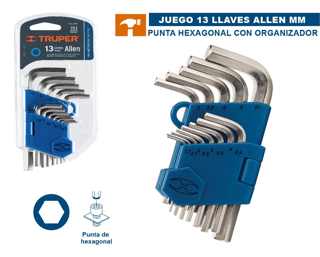 JUEGO 13 LLAVES ALLEN MM PUNTA HEXAGONAL CON ORGANIZADOR TRUPER 15542