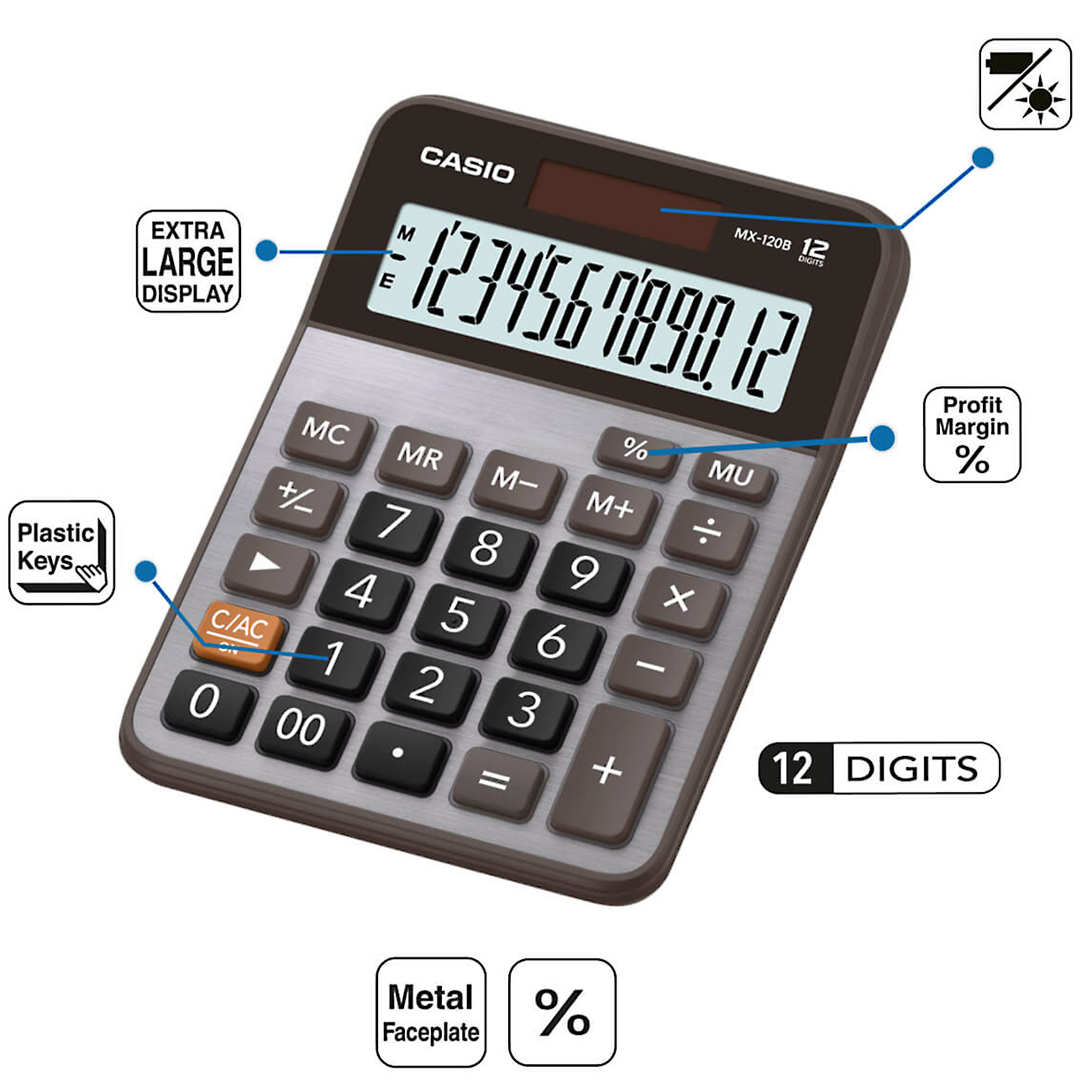 Calculadora Casio® Mx-120b 12 Dígitos Solar de escritorio