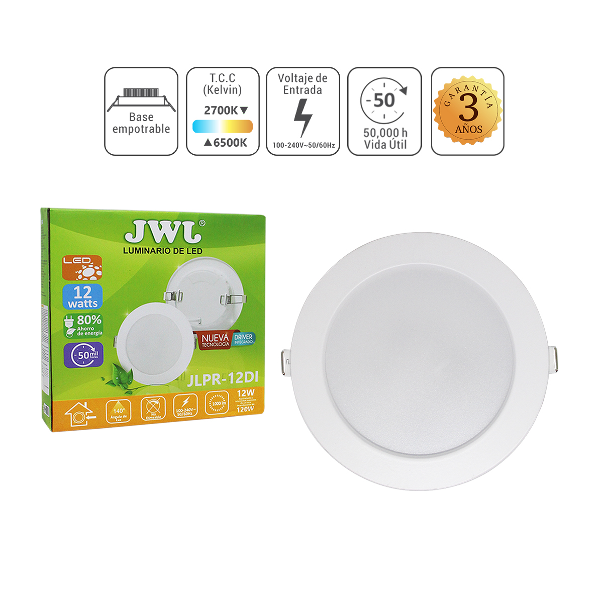 LAMPARA LED DE EMPOTRAR CON DRIVER INTEGRADO 12W LUZ CALIDA MARCA JWJ