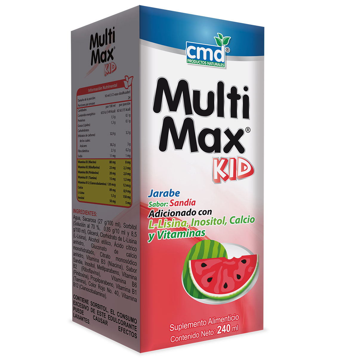 Multimax Kid, 240 ml, Jarabe Sabor Sandía, L-Lisina, Inositol, Calcio ...