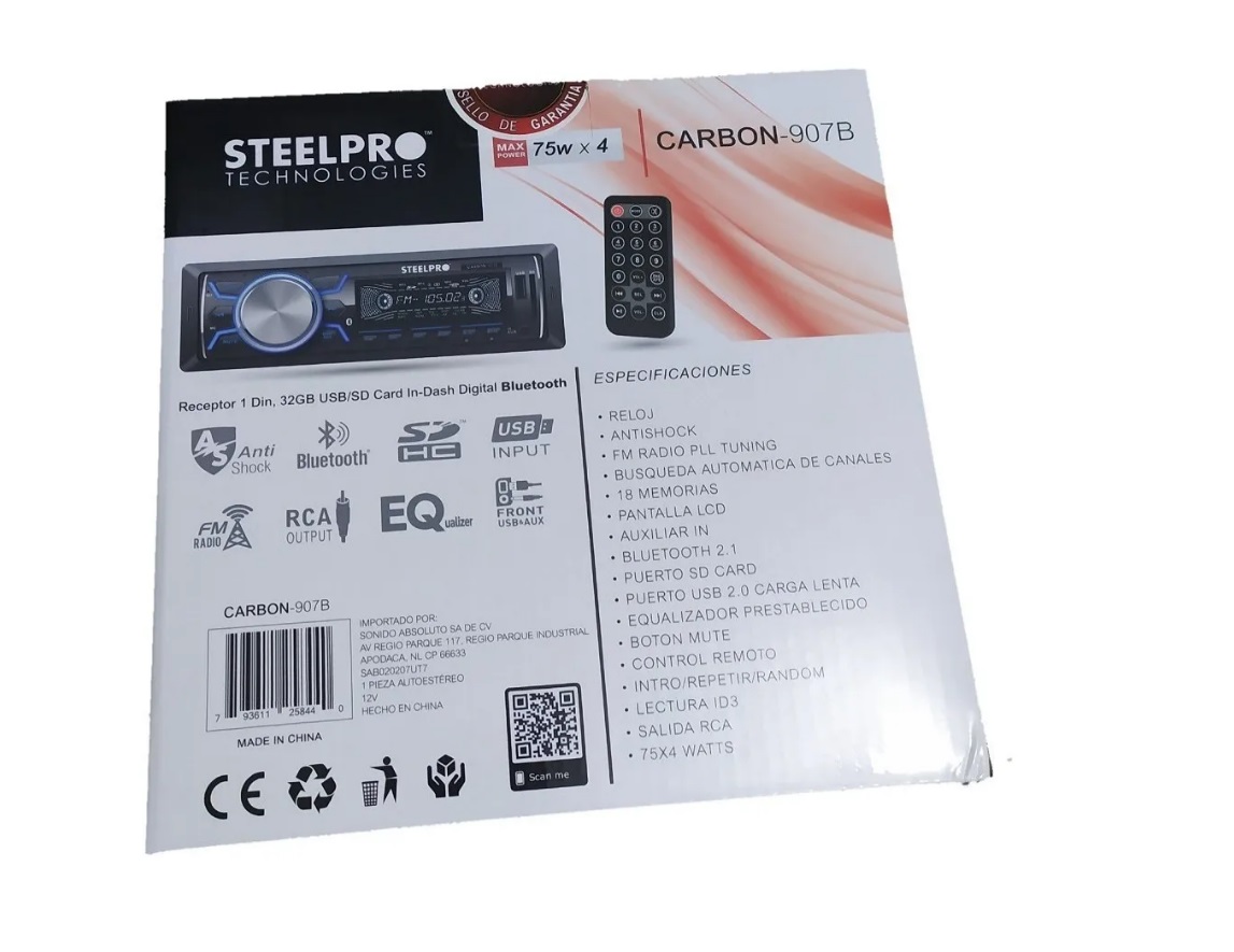 Autoestereo Steelpro Carbón 907B + Par de Bocinas Redondas 6.5 + Par de ...