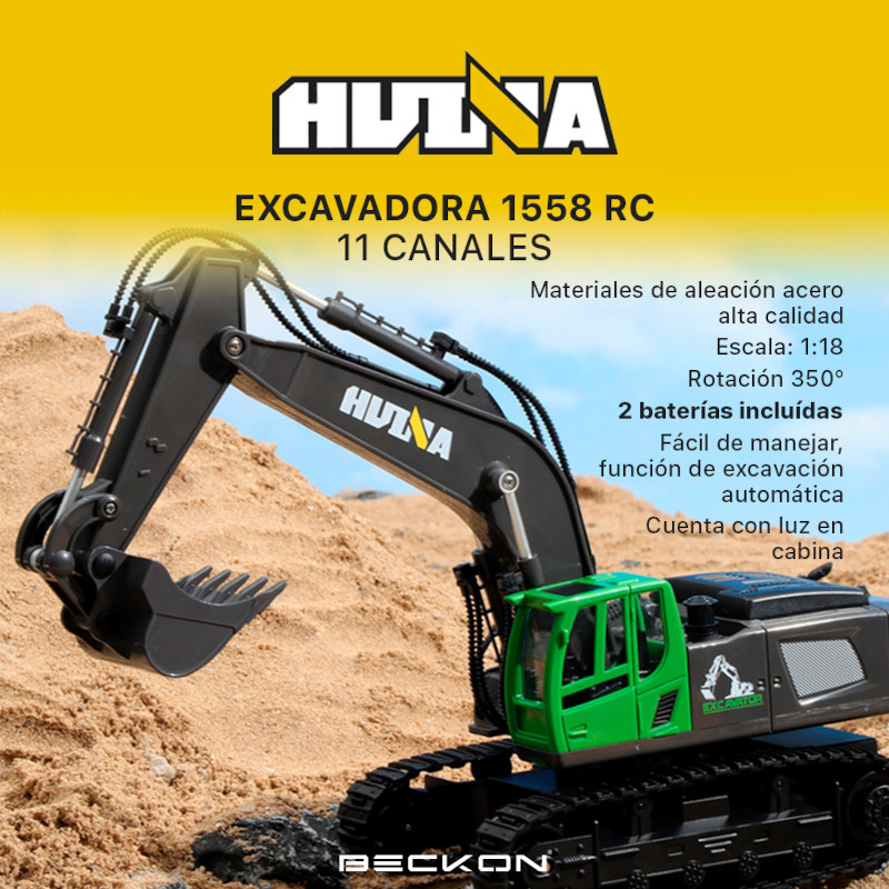 Excavadora a control remoto RC Huina 1558 verde Metal 1:18 11 canales 2 ...