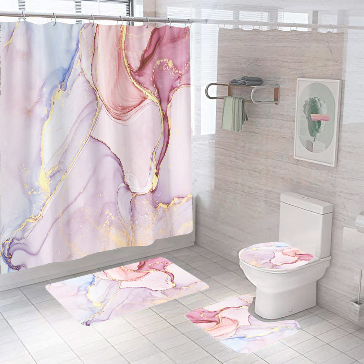 Juego De Baño Premium 4 Piezas Marmoleado Rosa