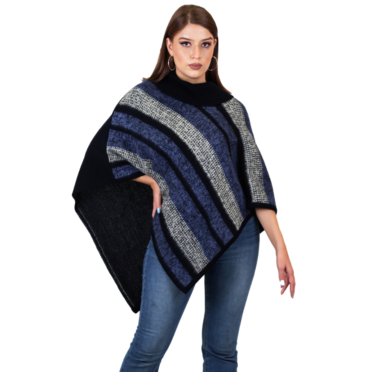 Poncho Rayas Cuello De Tortuga Para Mujer 37 - Azul