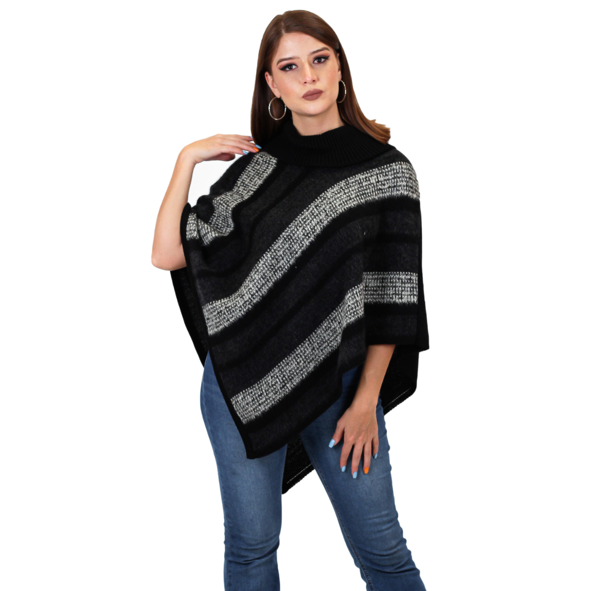 Poncho Rayas Cuello De Tortuga Para Mujer 37 - Negro