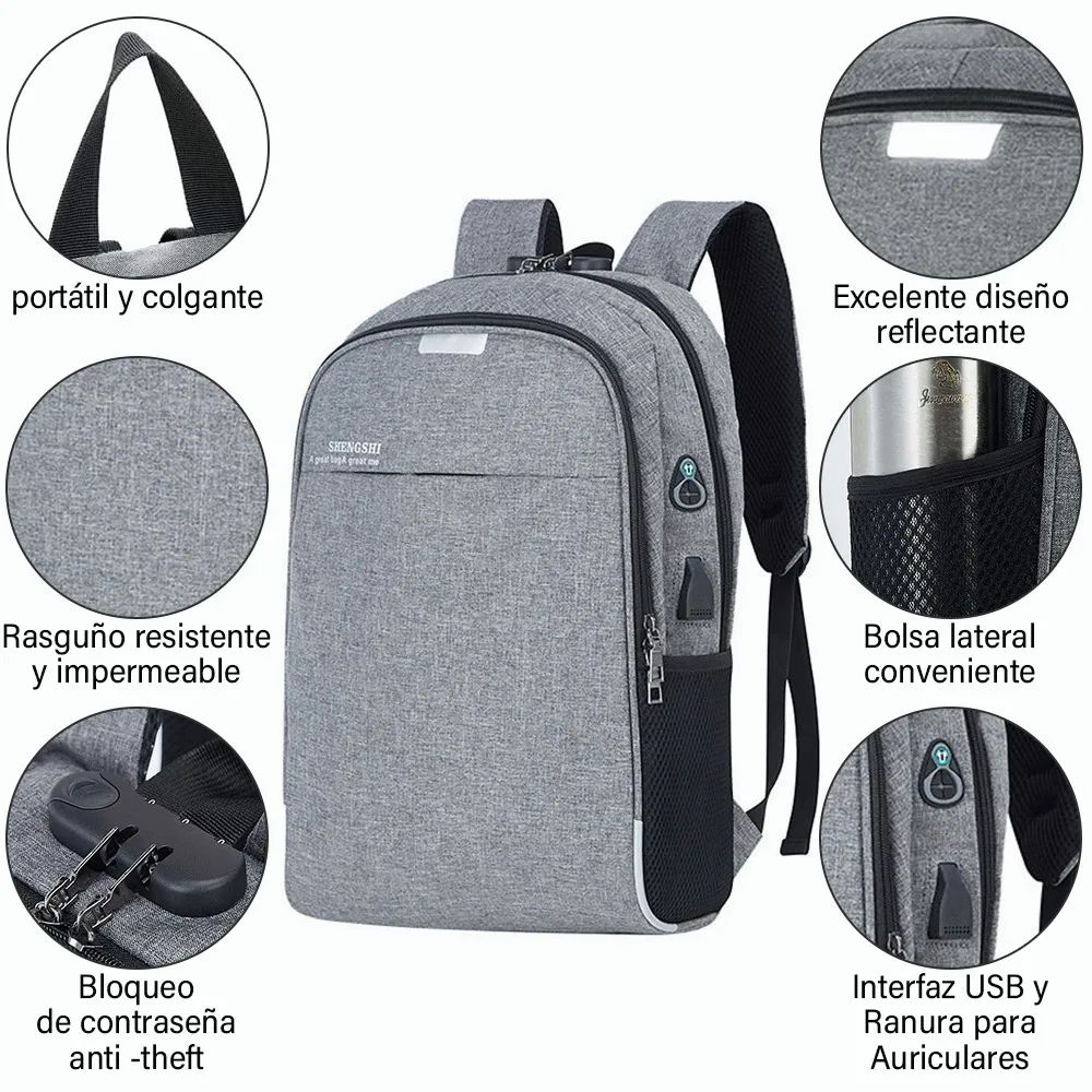Mochila Porta Laptop con Puerto USB Unisex Gris