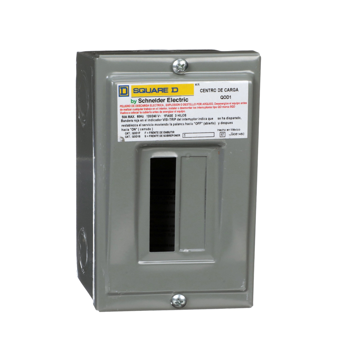 Centro de carga QOD Zapatas principales 50 A 1F, 2h 1SP Nema 1 de sobreponer