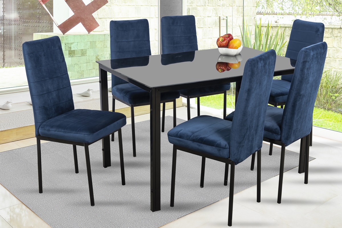 Comedor Troya 6 Azul Sillas Tubulares y Cubierta de Cristal