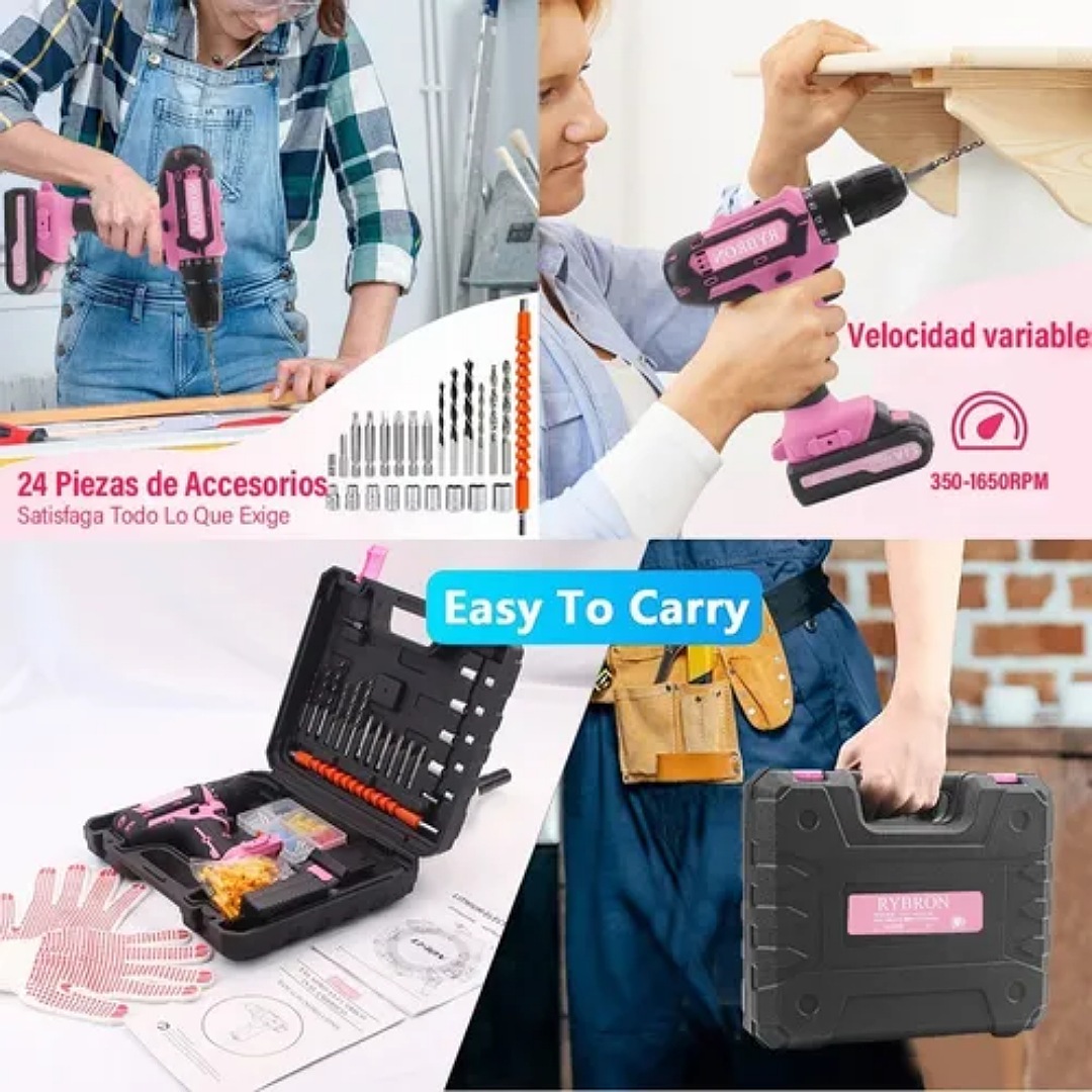Taladro Electrico Inalambrico,kit Taladro Eléctrico Rosa 3e1