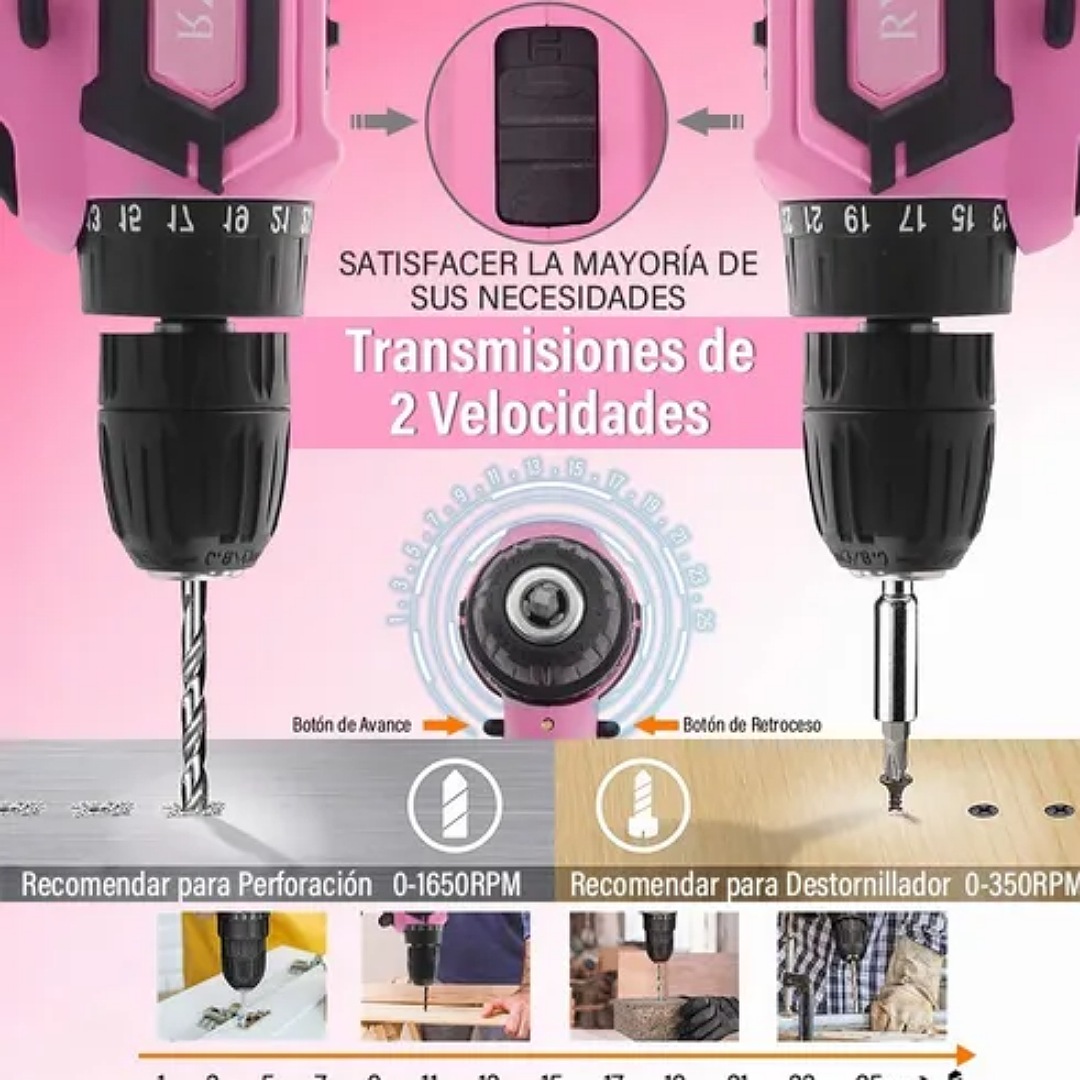 Taladro Electrico Inalambrico,kit Taladro Eléctrico Rosa 3e1