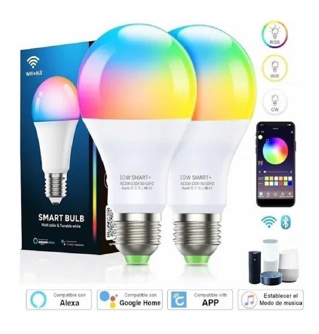 Duo Focos Alexa Inteligente Wifi 10w Googleassistant 2 Pzs