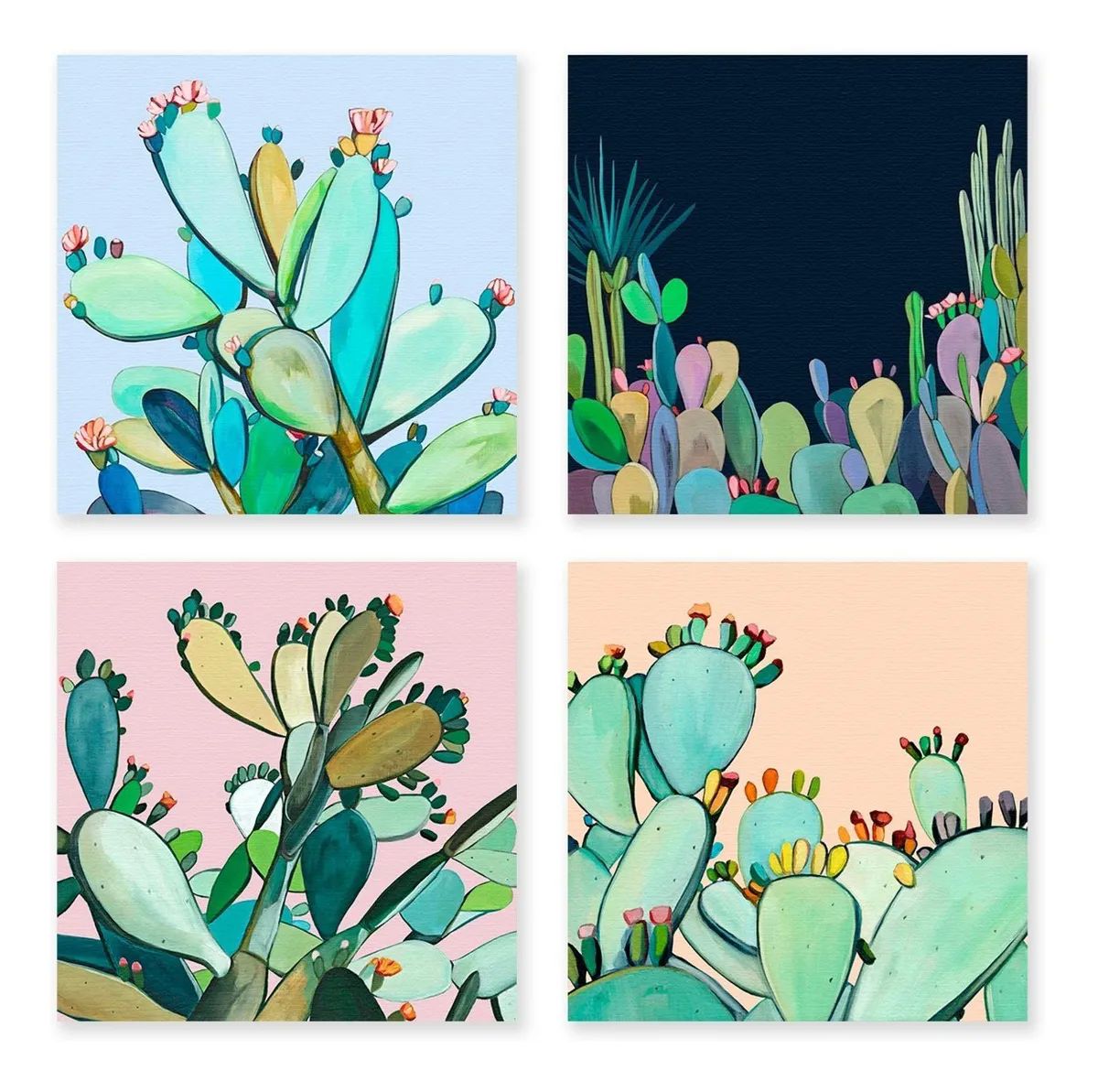 Set 4 Cuadros Canvas De Cactus Plantas Acuarelas Modernos Flores