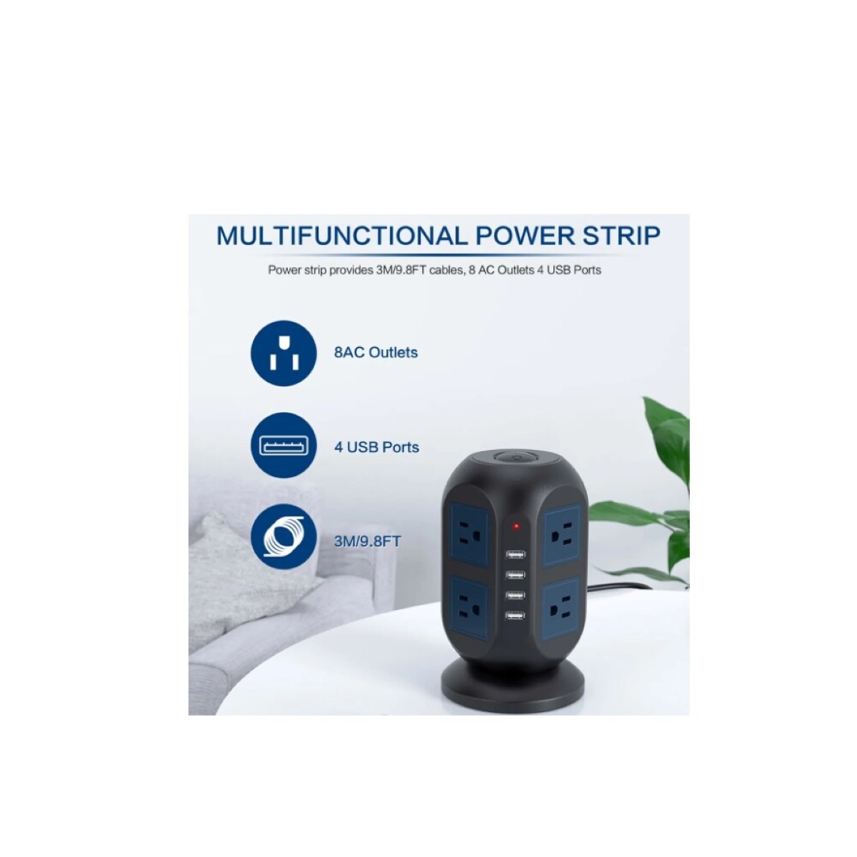 Multicontacto Torre Regleta Vertical 8 Tomas Y 4 Usb, 3m Negro