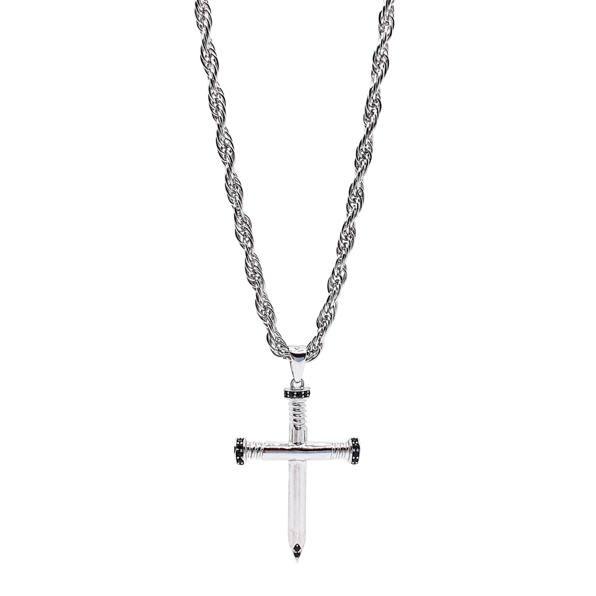 Cadena y cruz clavo de plata .925 con baño de rodio y piedra zirconia ...