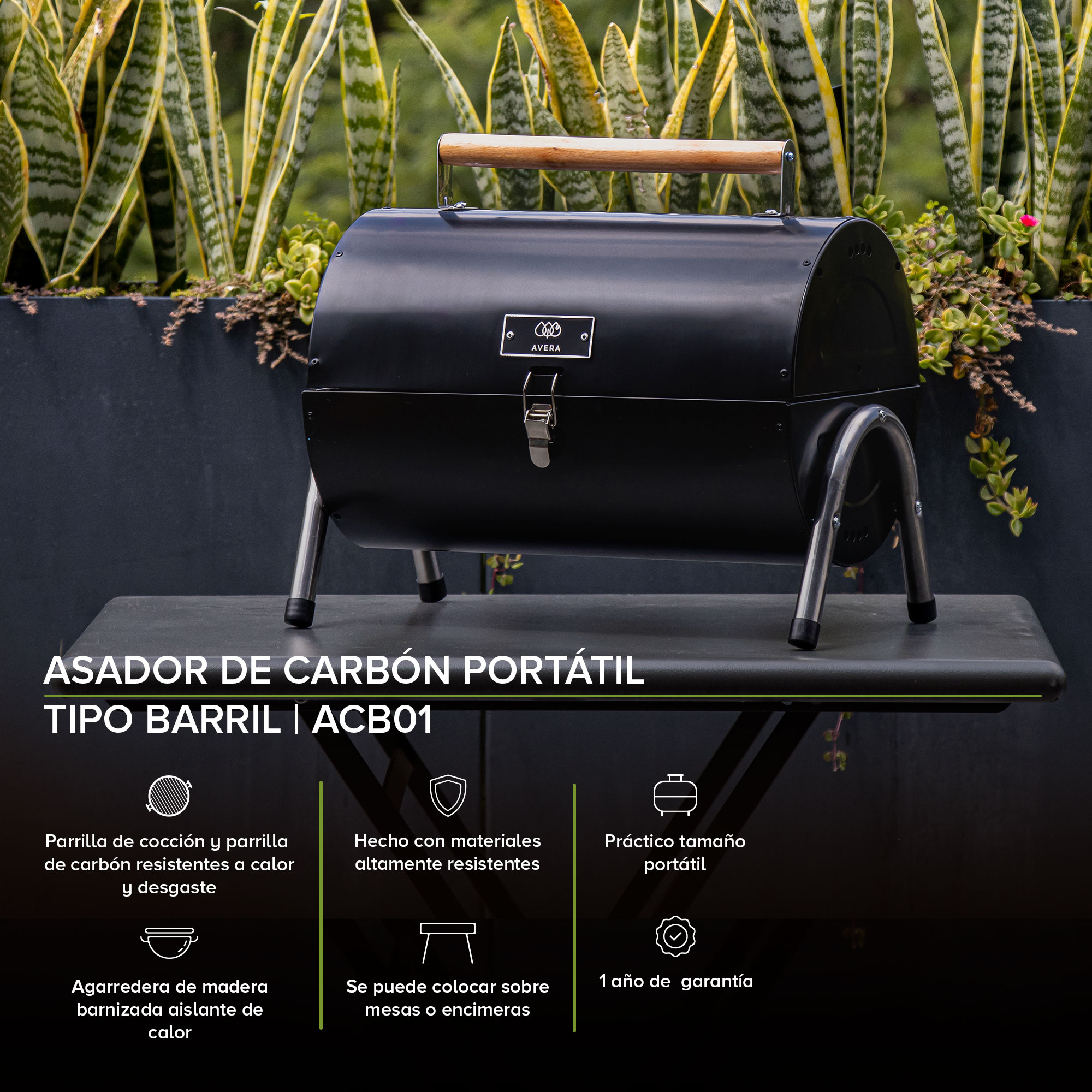 Asador De Carbón Tipo Barril Portátil Avera ACB01