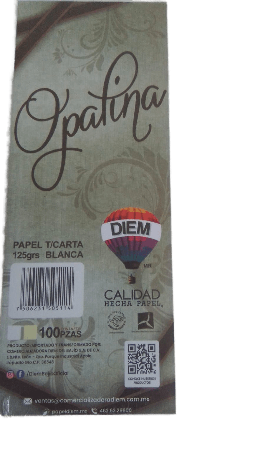 100 Hojas Opalina t/carta 125gr, tamaño carta, color Blanca "DIEM"