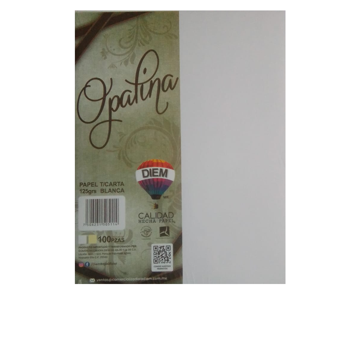 100 Hojas Opalina t/carta 125gr, tamaño carta, color Blanca "DIEM"