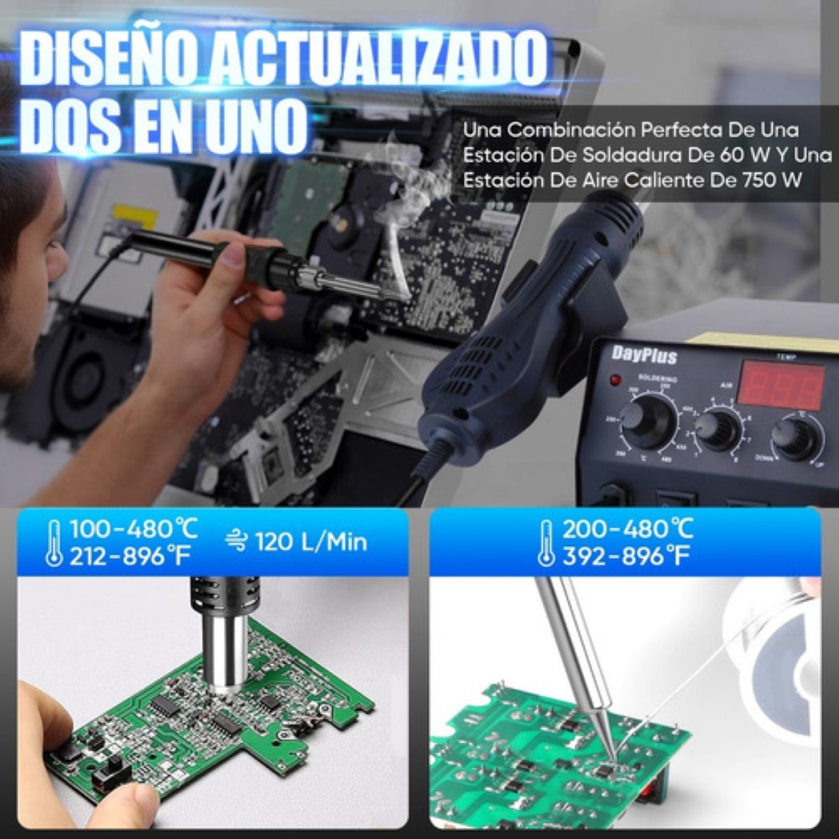 Estación De Soldar 2 In 1 Pistola De Calor Y Cautín 750w Negro