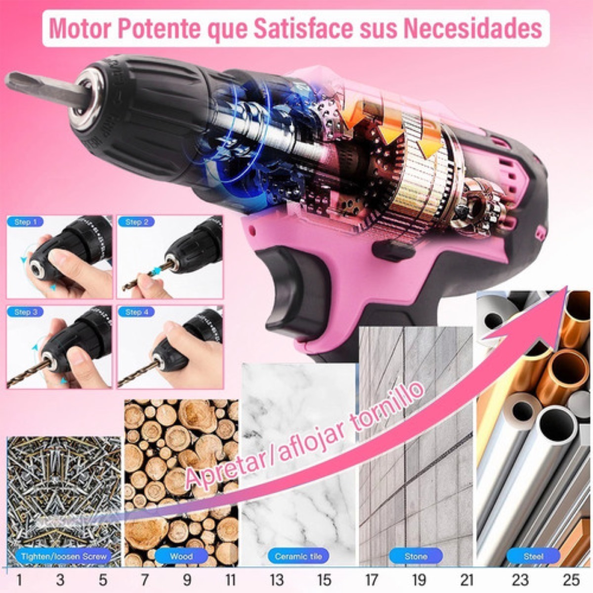 Taladro Electrico Inalambrico,kit Taladro Eléctrico Rosa 3 en 1 Rosa
