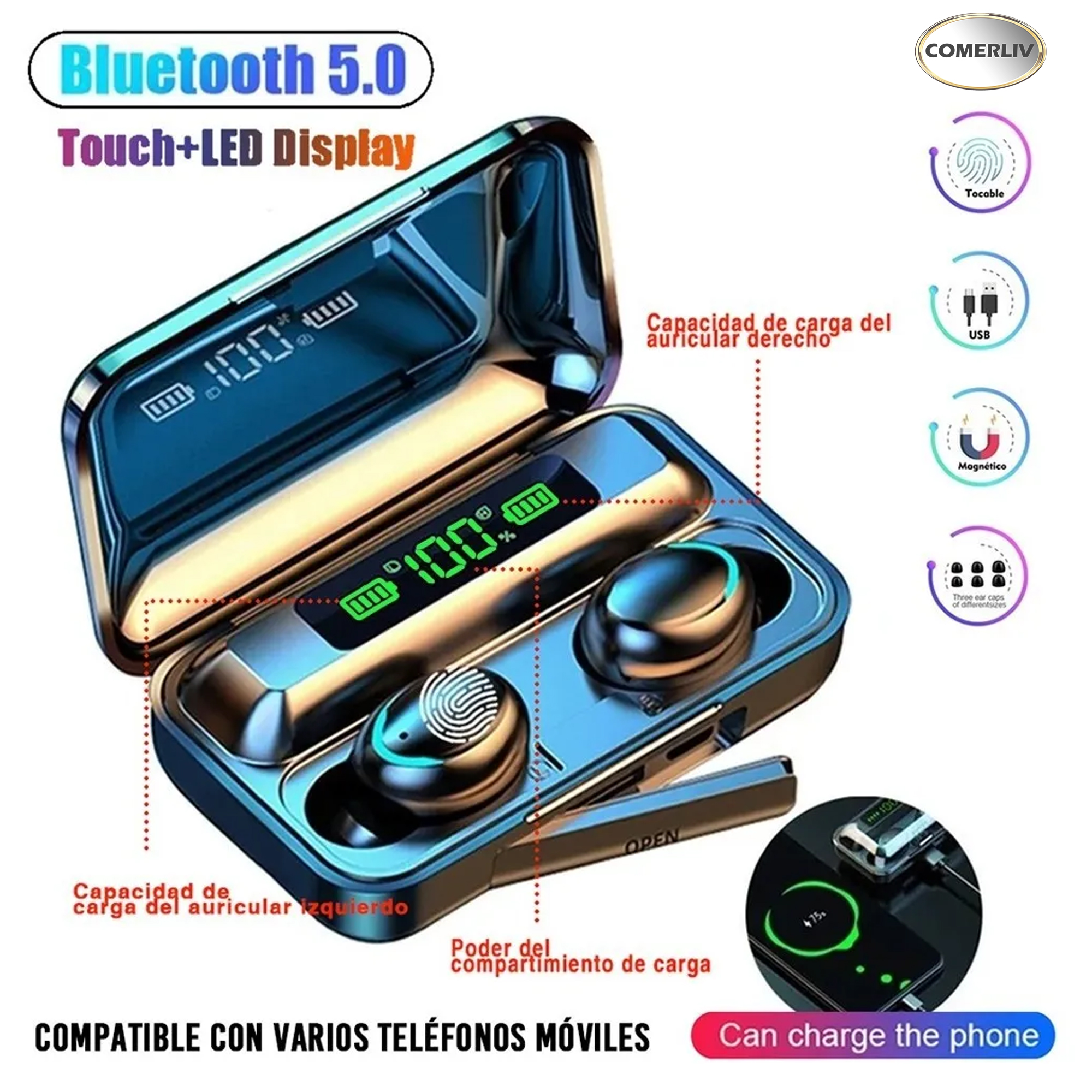 Audífonos inalámbricos F9-5 In-ear Manos Libres Power Bank