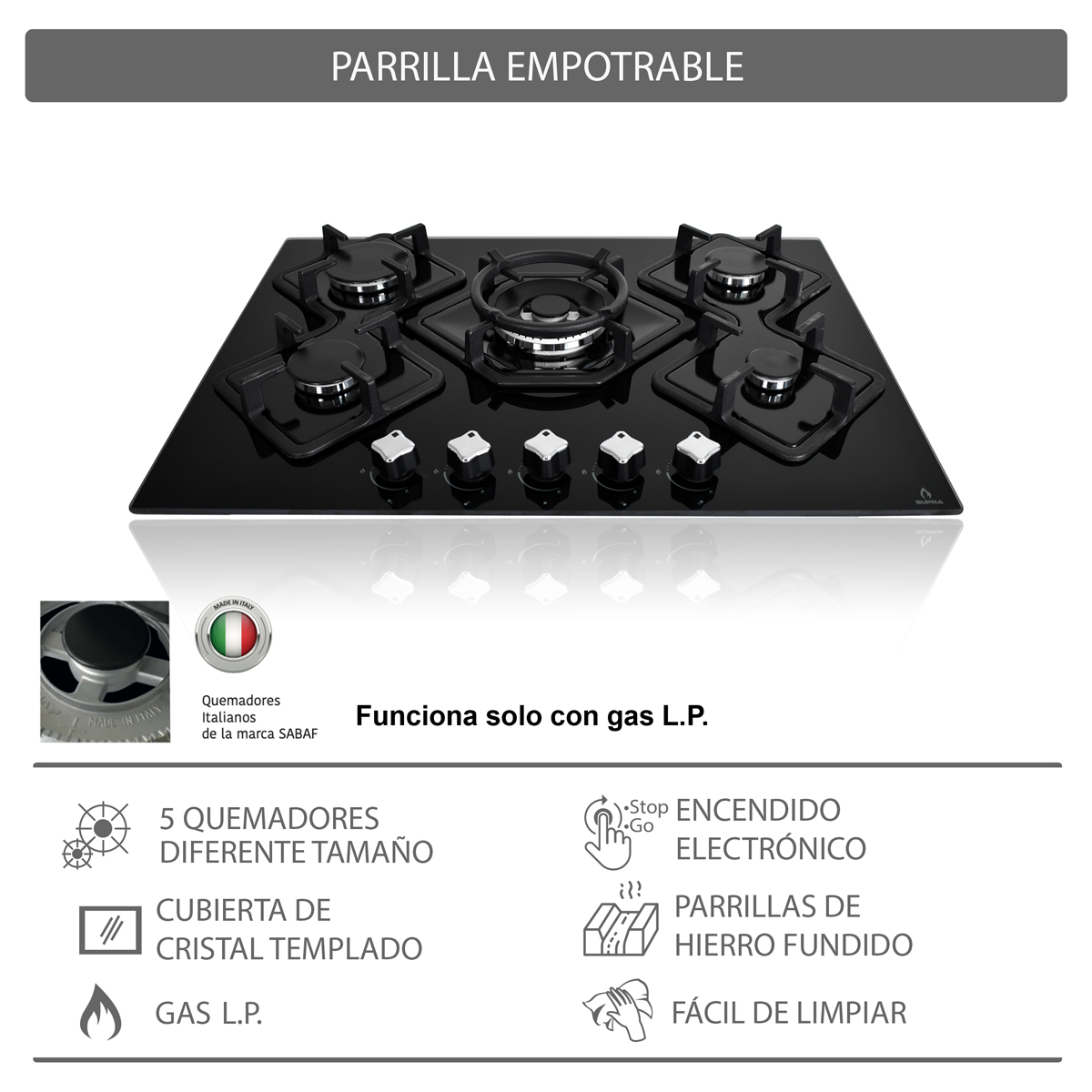 Parrilla Empotrable INFINITY Supra De Cristal Templado 5 Quemadores ...