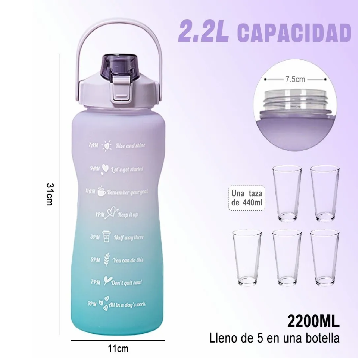 Botella De Agua Motivadora 2 Litros Con Marcador De Tiempo Violeta