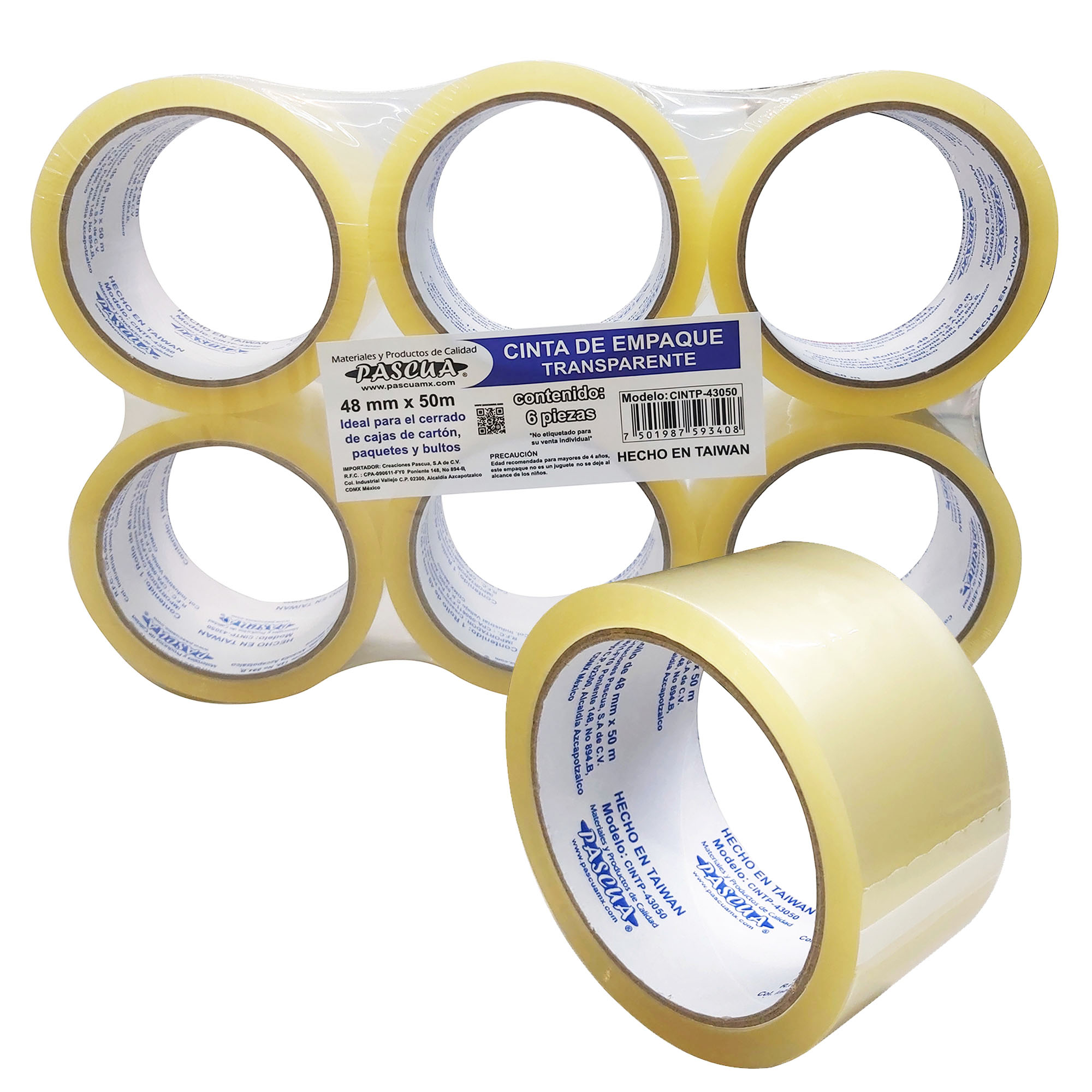 CINTA ADHESIVA TRANSPARENTE 50 M CON 6 pzas Ideal para oficina, empaque ...