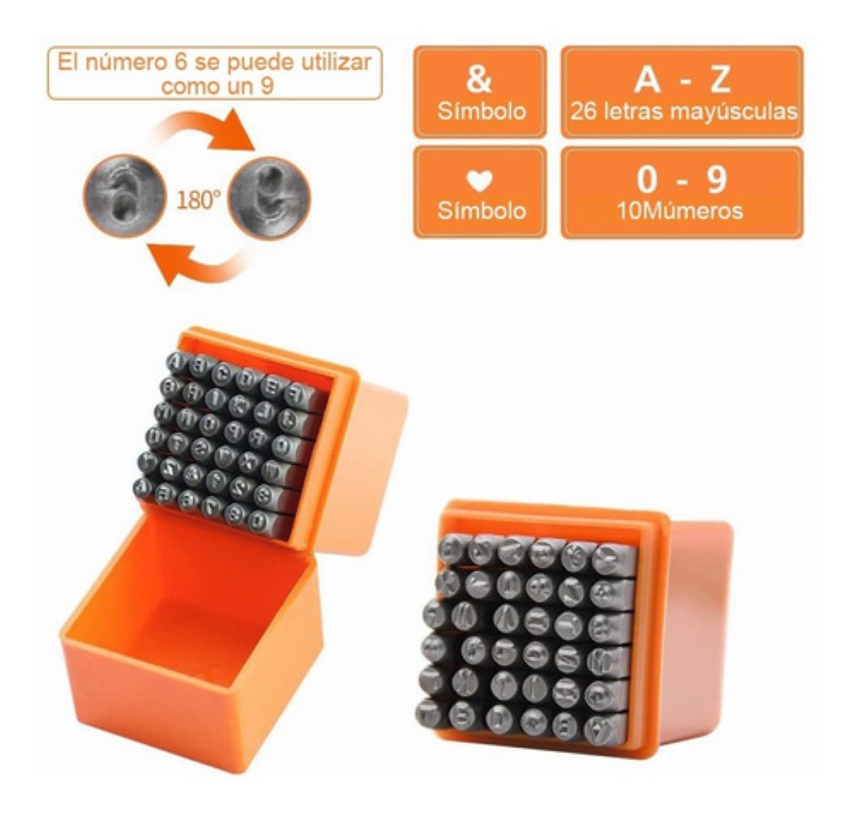 Letras Y Numeros De Golpe 3 Mm Con Estuche 37pcs Naranja