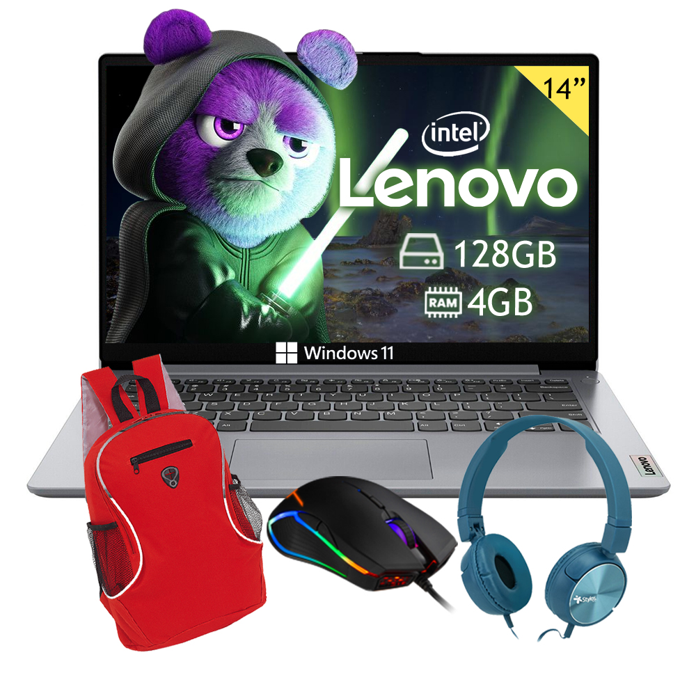 Laptop Lenovo Ideapad 14IGL7 Intel N5030 128GB 4GB Ram Windows 11 - Gris + Mochila + Diadema + Mouse