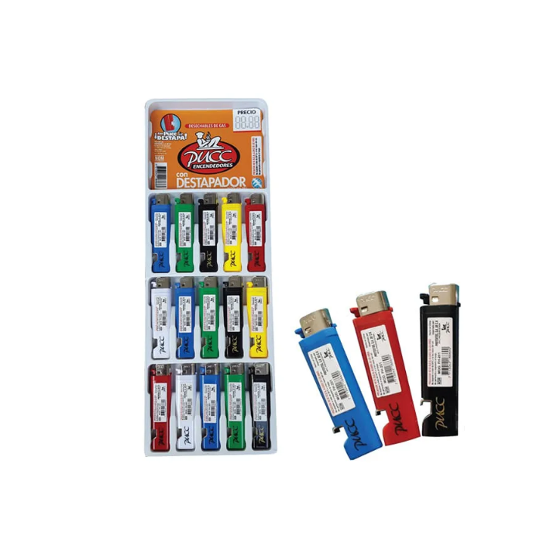 3 charolas de 15 encendedor de gas con destapador en 6 colores marca pucc