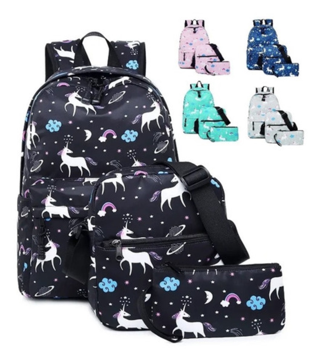 Set 3 Mochila Lonchera y Lapicera Escolar Unicornios Negro