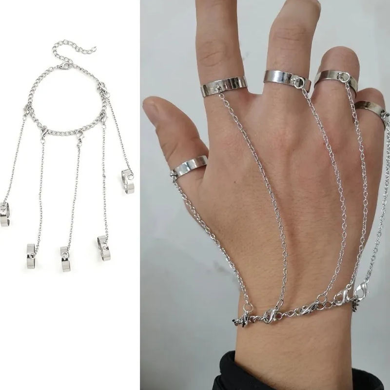Pulsera Gótica Punk Rock Pulsera Mano Con Cadenas Y Anillos