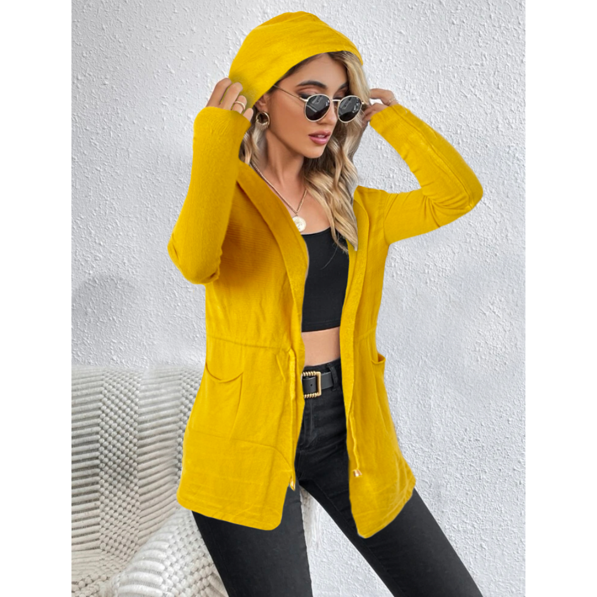 Cárdigan Mujer Largo Ensamble Dama Maxi Suéter Con Bolsas y Capucha.