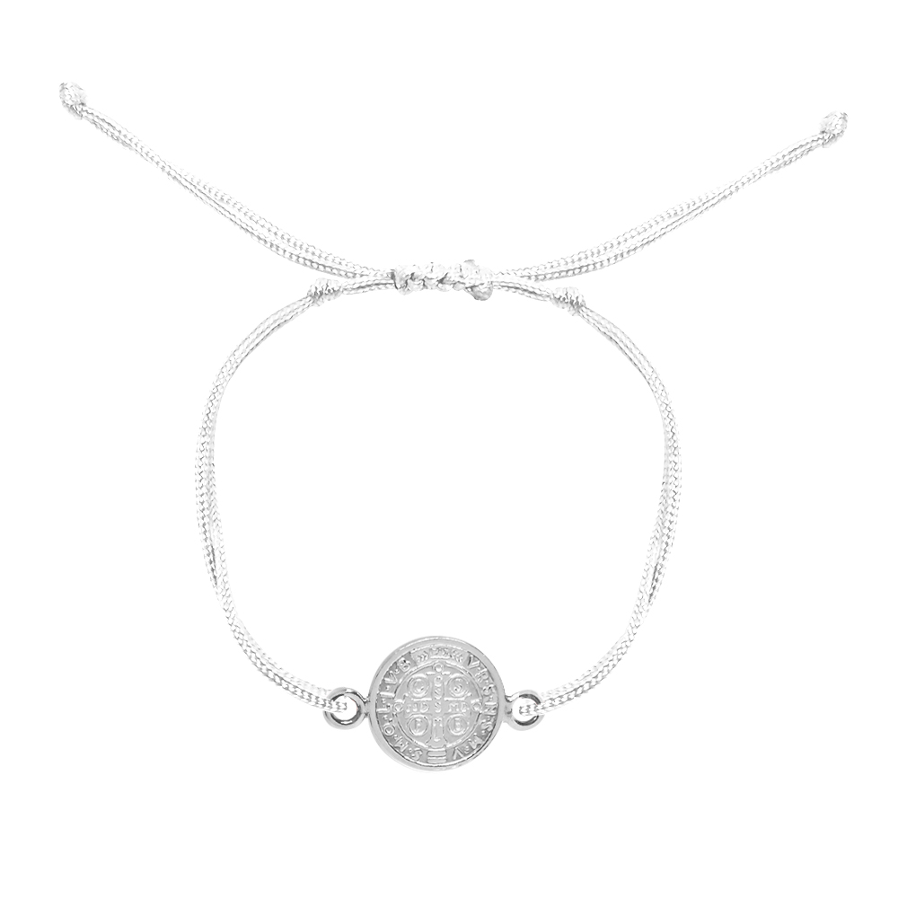 Pulsera San Benito de Plata con Hilo Blanco Ajustable