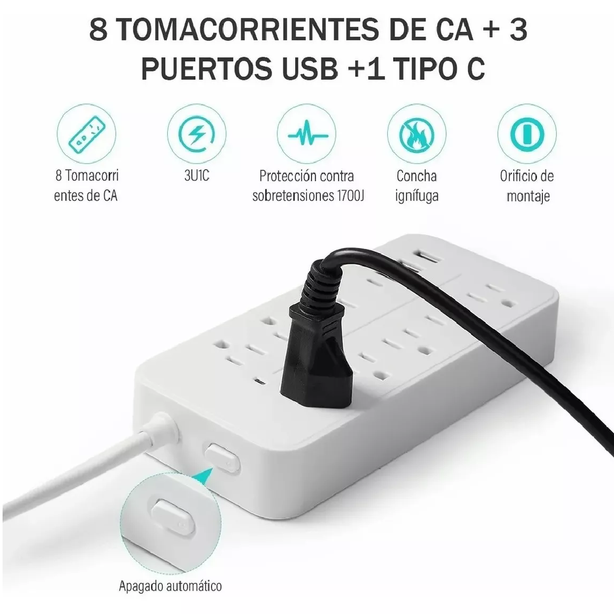 Multicontacto Premium De 8 Salidas Y 3 Puertos Usb + 1 Tipoc