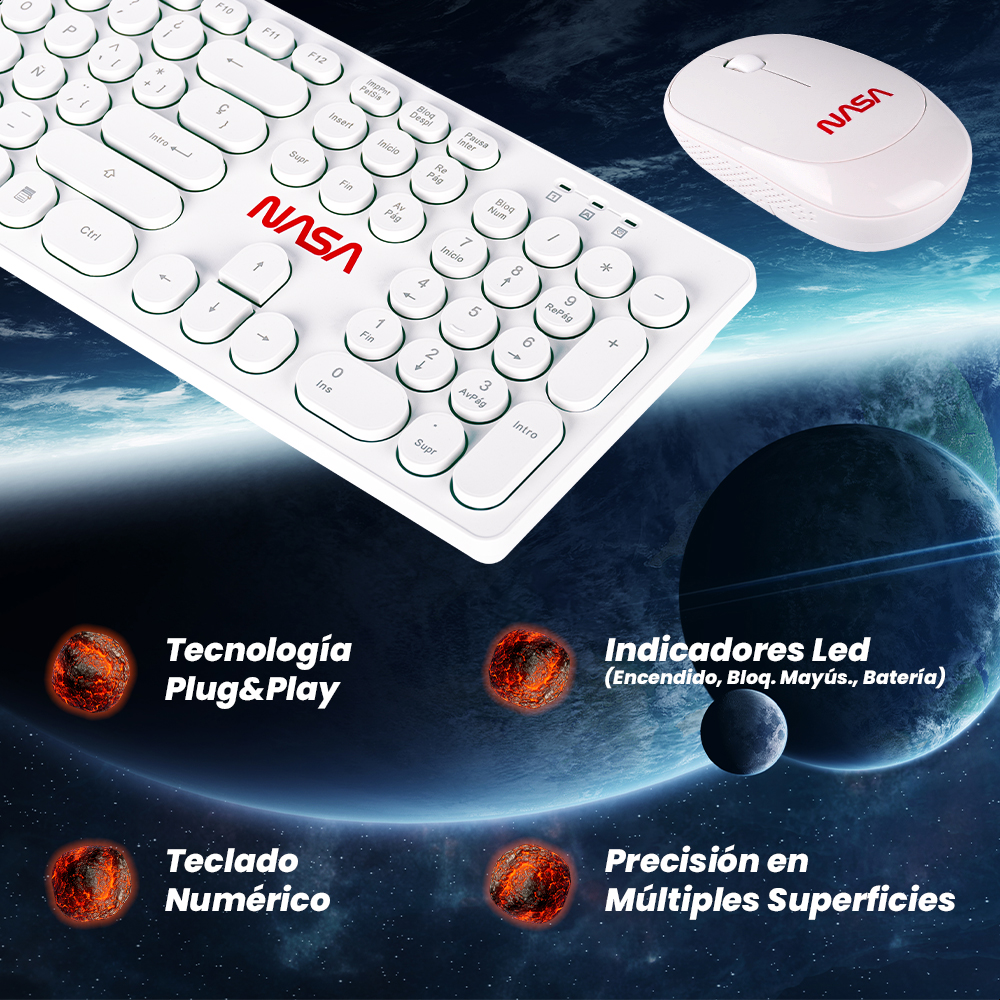 Teclado Y Mouse Inalámbrico Nasa Edición Cometa Blanco Plug&play