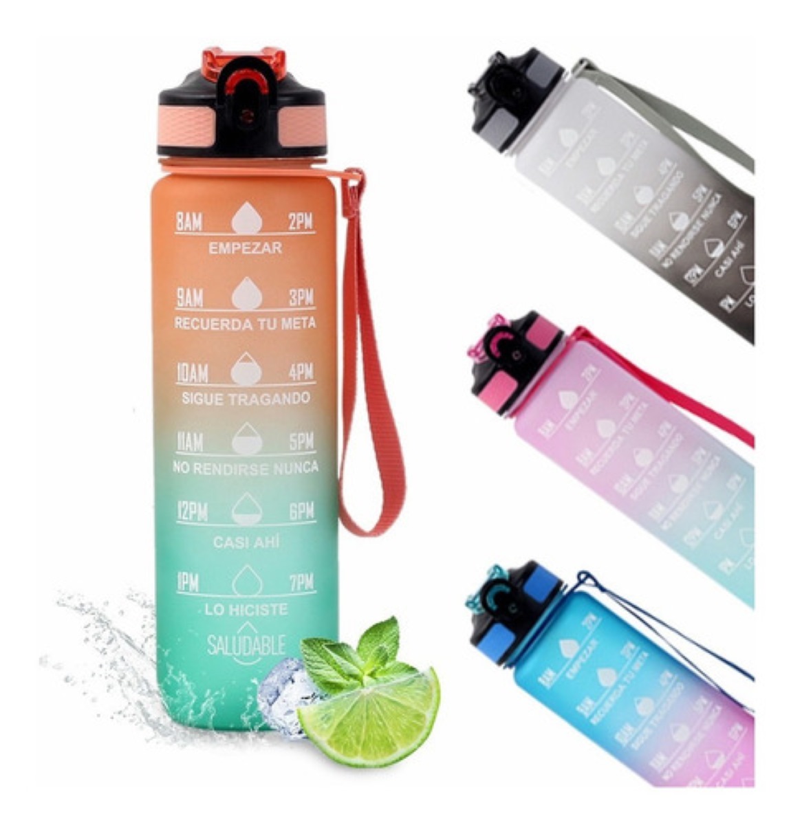 Botella De Agua Motivadora 1 Litros Con Marcador De Tiempo NARANJA - VERDE