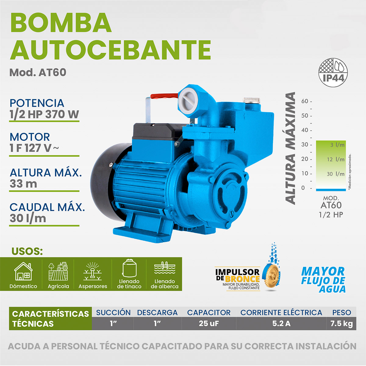 Bomba Autocebante 1/2 Hp 127 V, 370w Igoto At60
