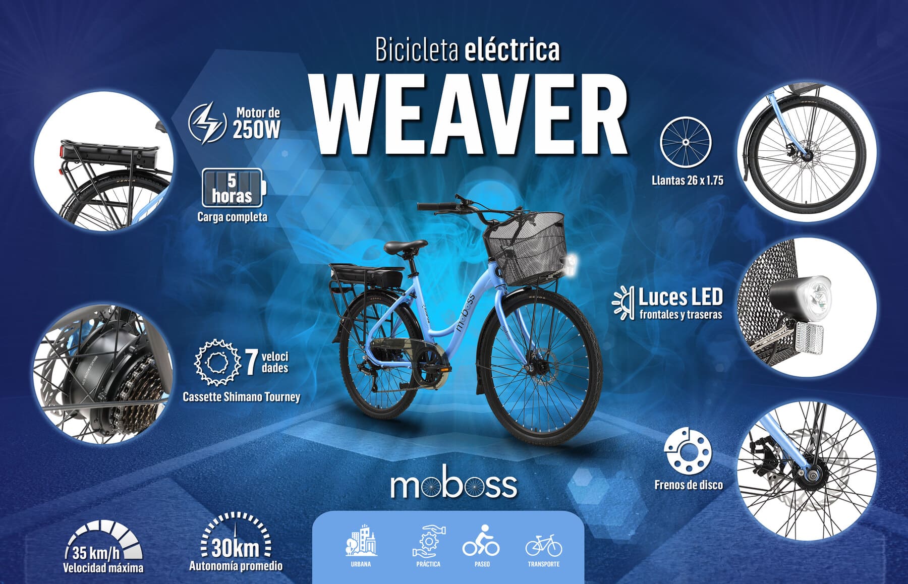 Bicicleta Eléctrica Urbana Ciudad Moboss Ebike Weaver 250W 26"