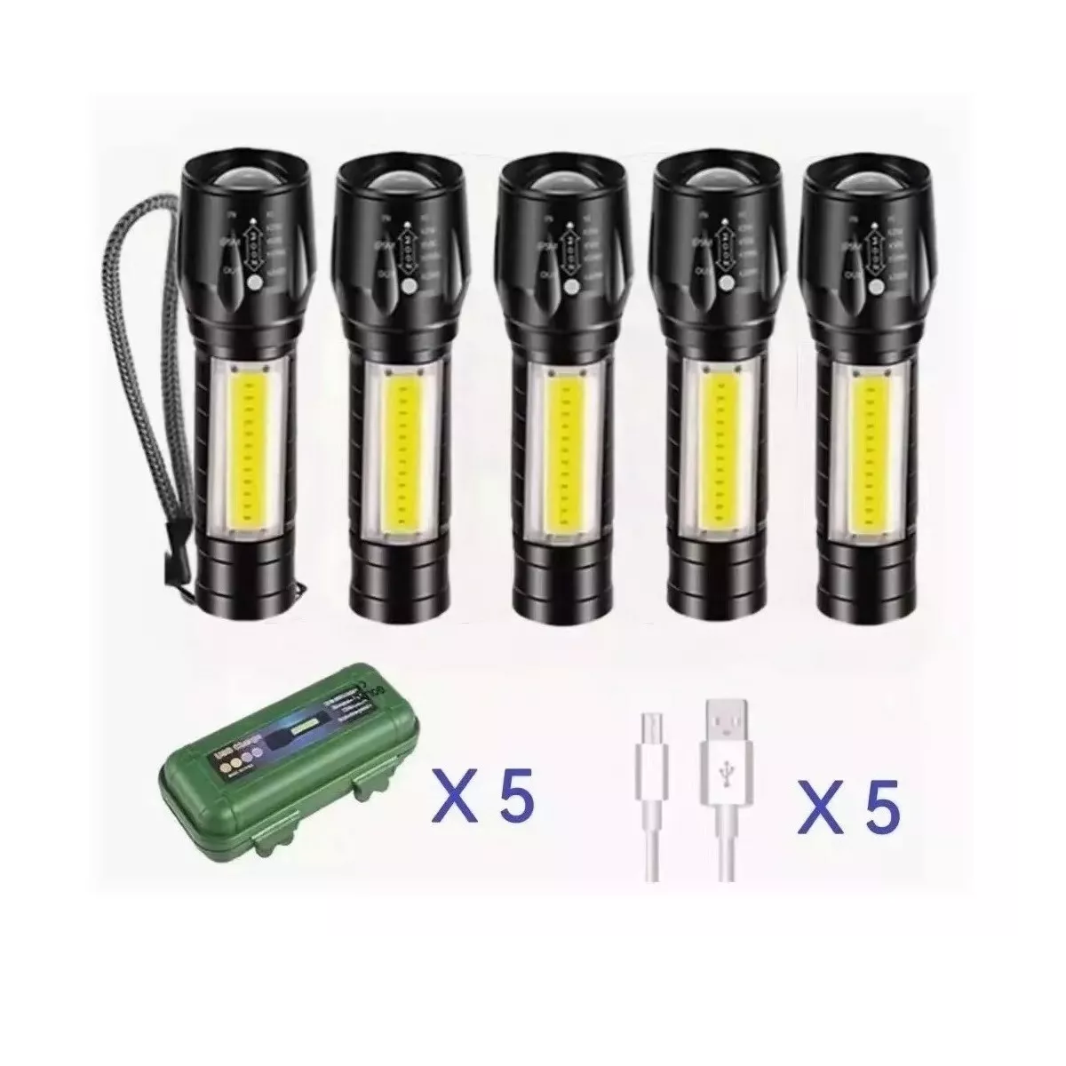 Set Lámpara Táctica Recargable Led 2000l Linterna Lateral, 5 Uni