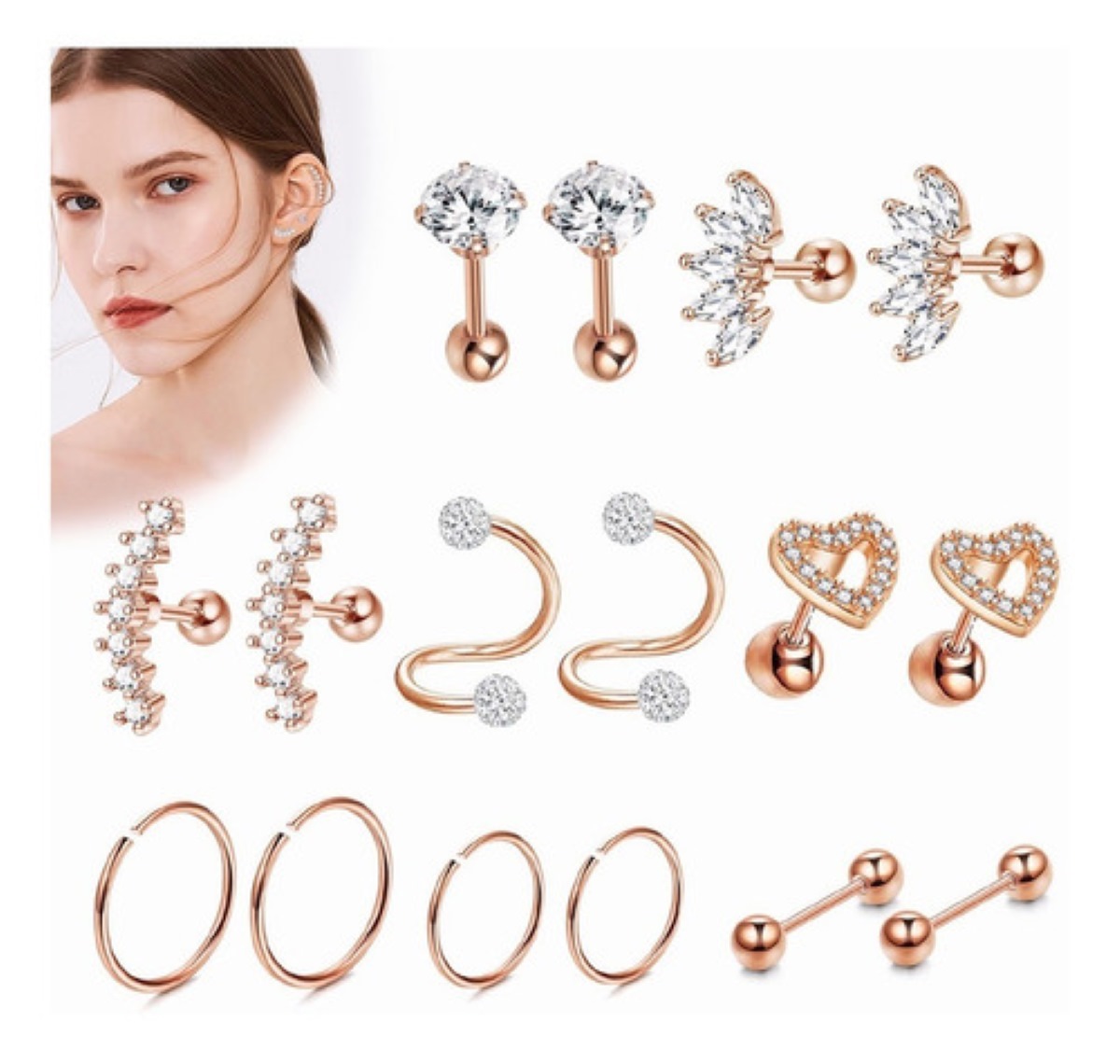 8 Pares Piercing Aretes Oreja Acero Cartílago Set Oro Rosa