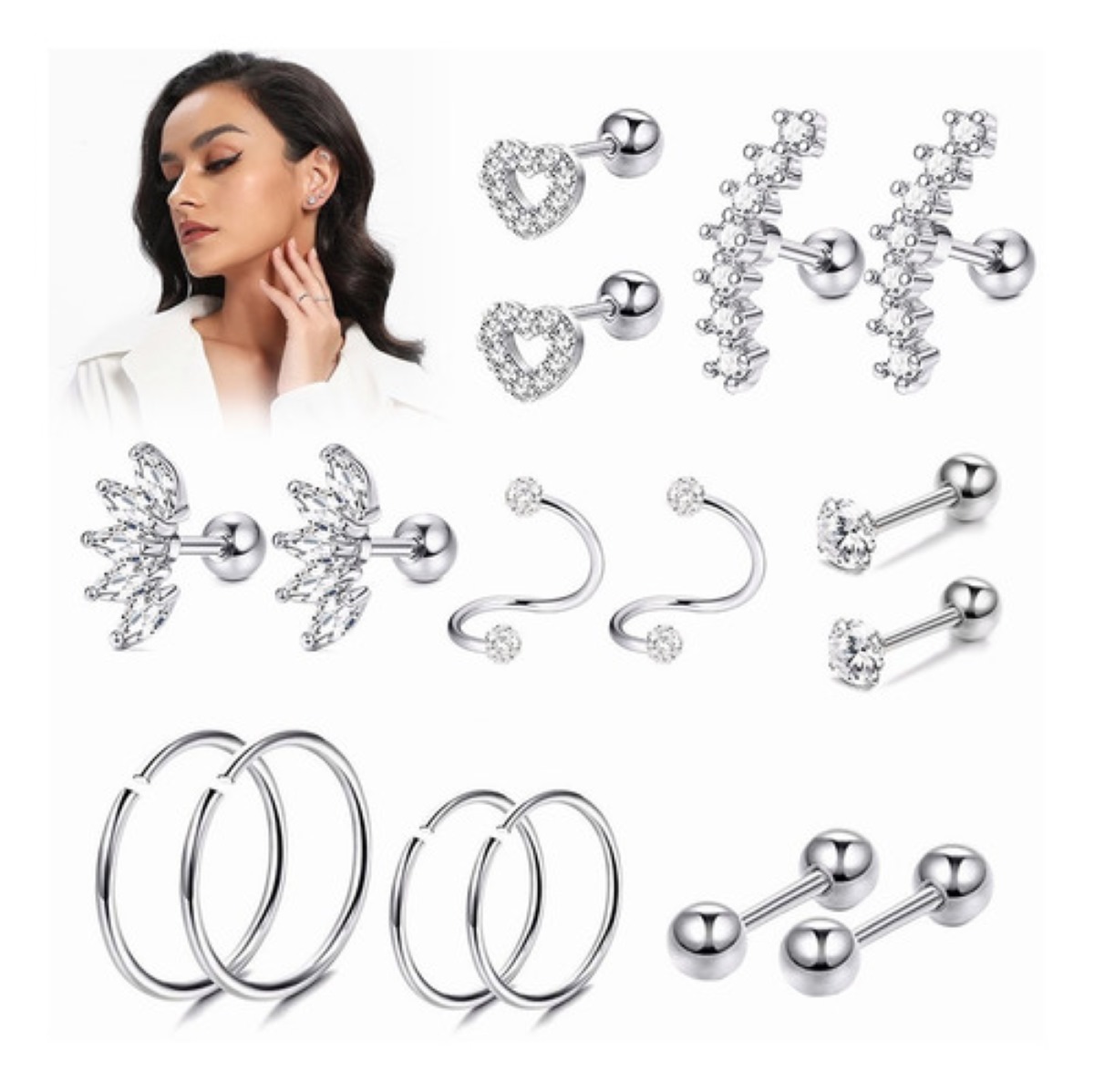 Piercing Aretes Oreja Acero Inoxidable Cartílago Set 8pares