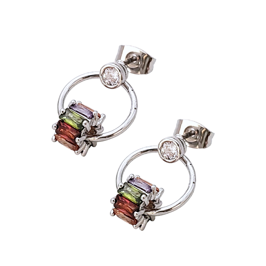 Aretes en rodio barriles cristales multicolor