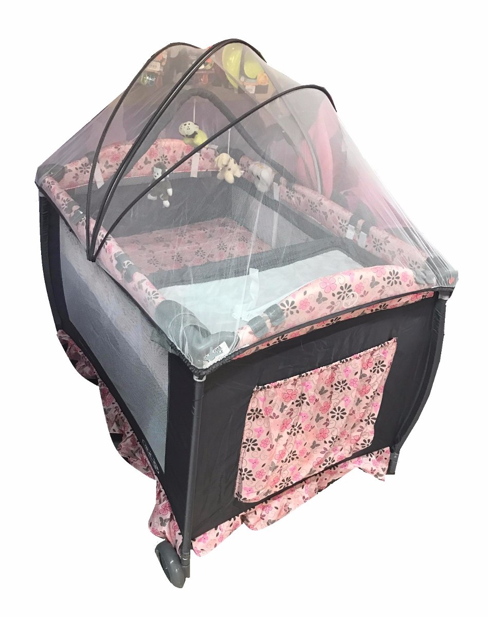 Cuna Corral Bebe Aeiou Bc003 Con Cambiador y Mosquitero Rosa
