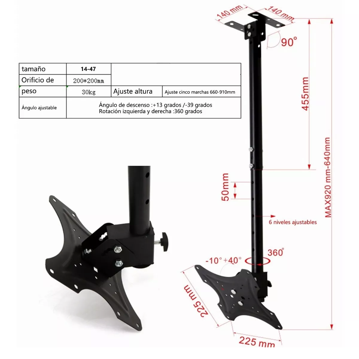 Soporte De Techo Para Tv Monitor 14 A 47 Pulgadas Máx 30kg