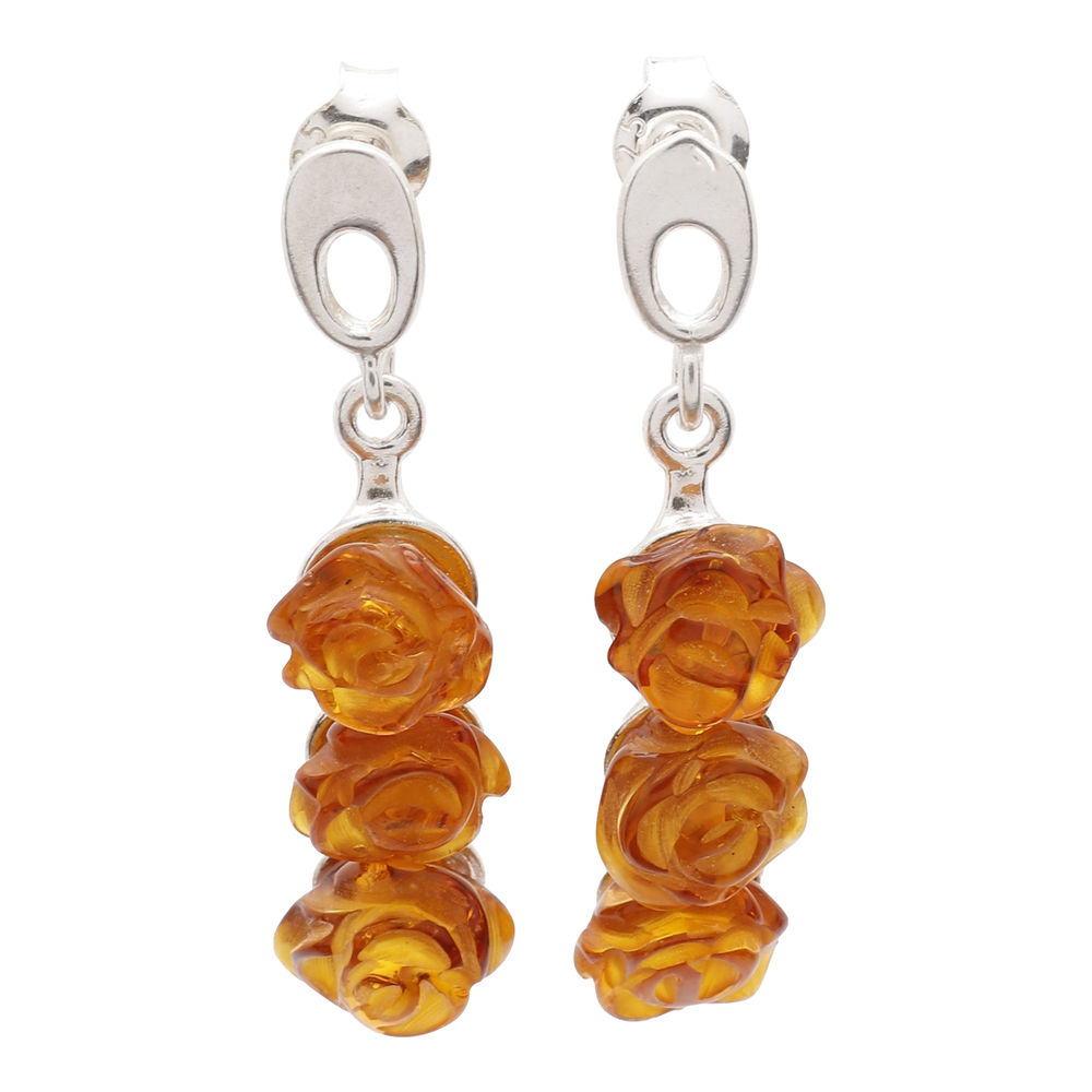 Aretes Triple Rosa de Ámbar Báltico y Plata .925