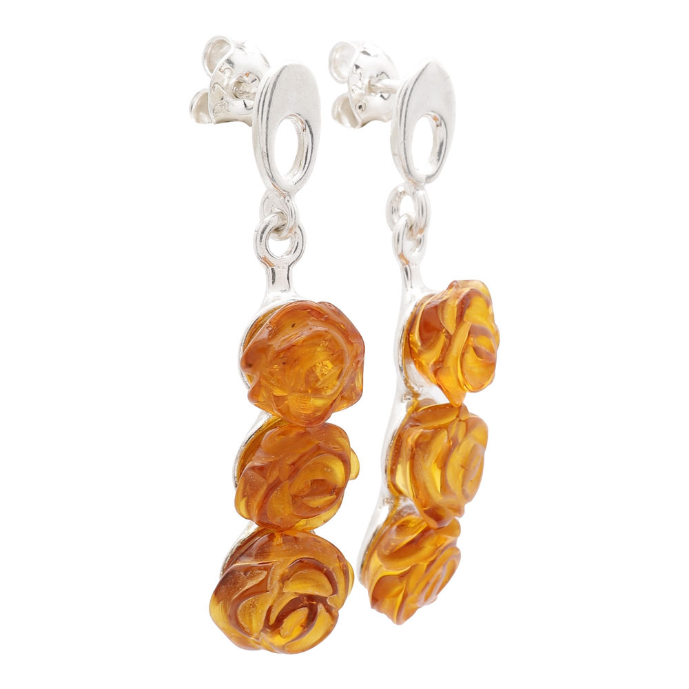 Aretes Triple Rosa de Ámbar Báltico y Plata .925