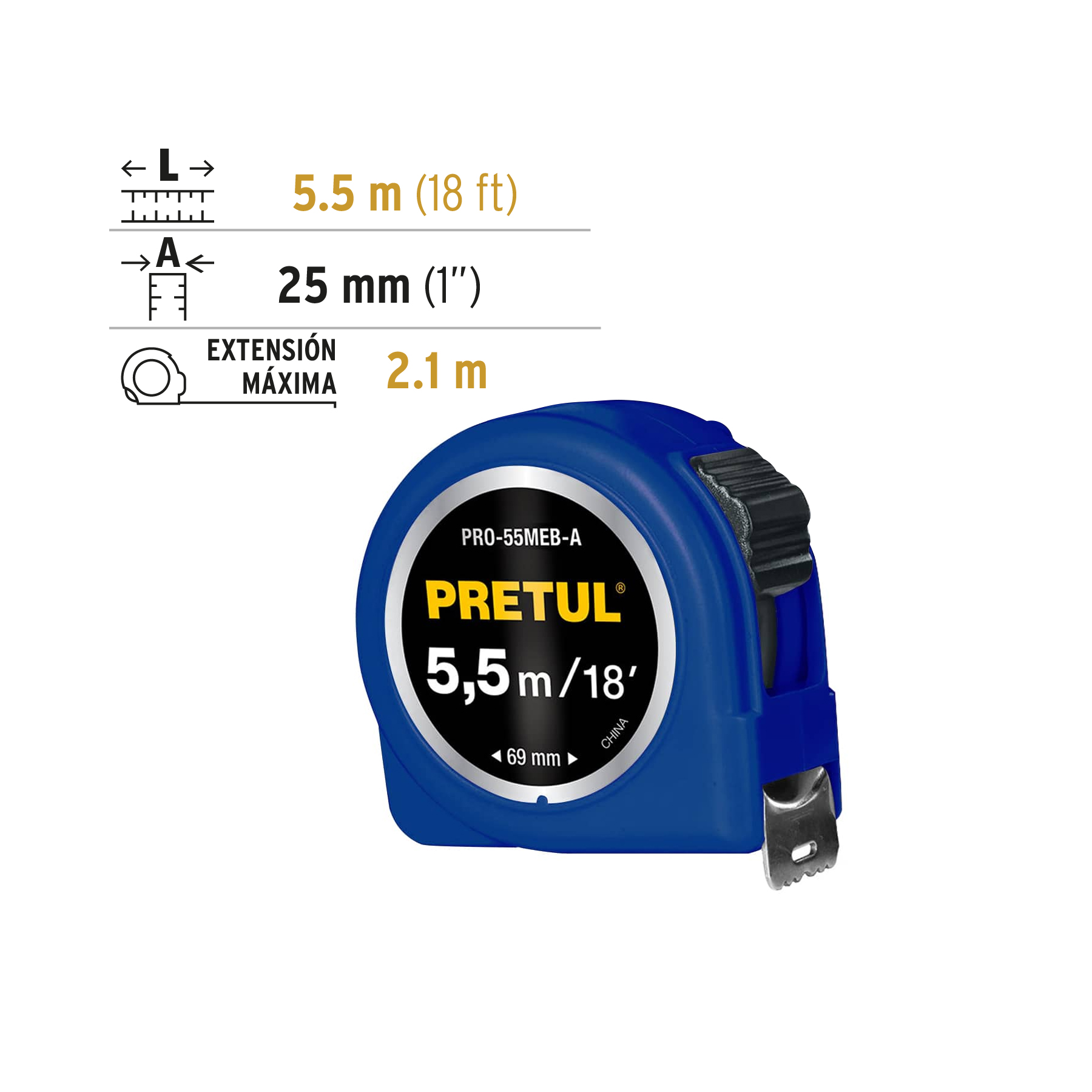 Flexómetro azul 5.5 m x 25 mm,cinta en tarjeta, Pretul