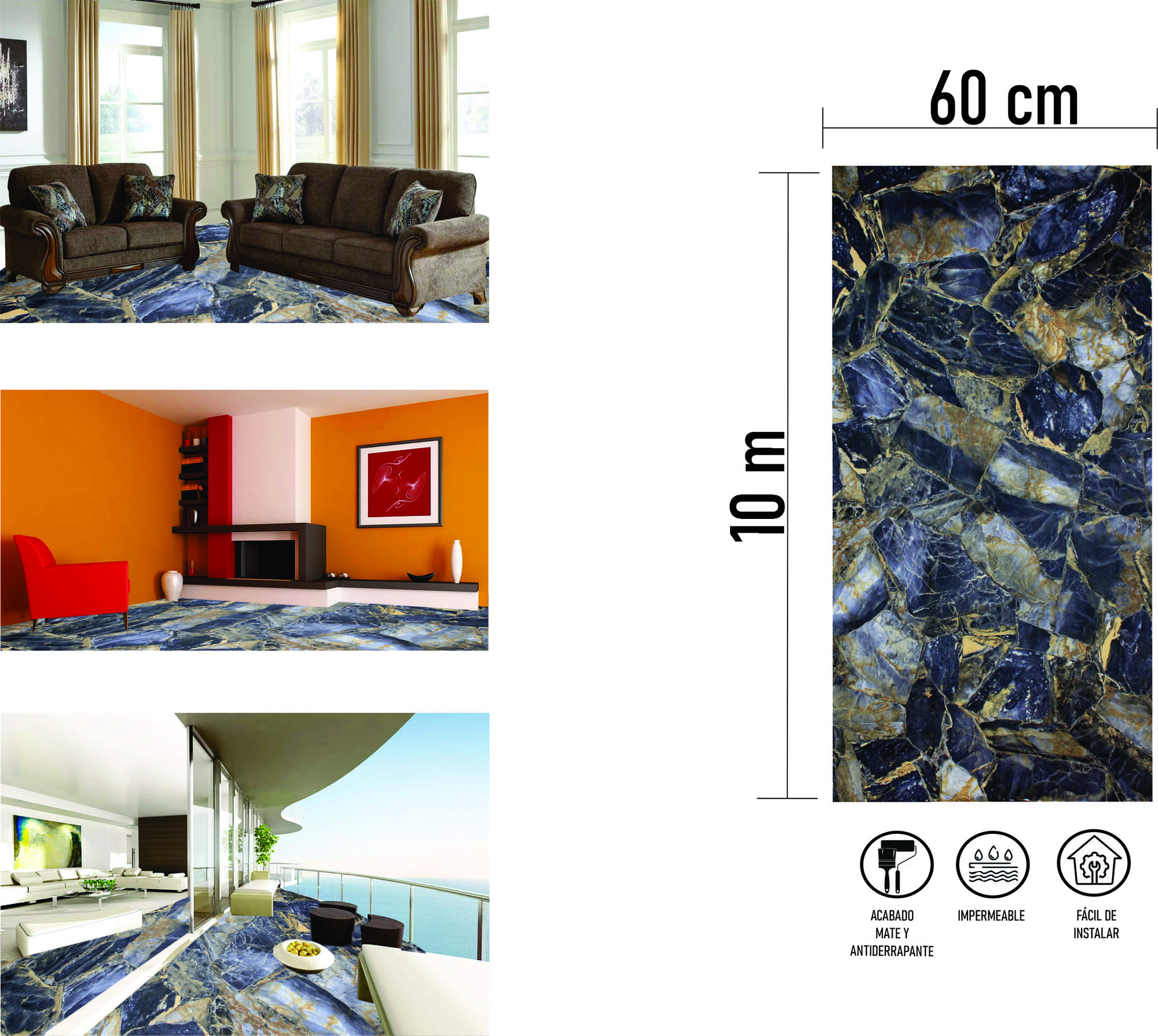 Tapiz Piso Adherible Mármol Azul 10m X 60cm Pv01 6m2