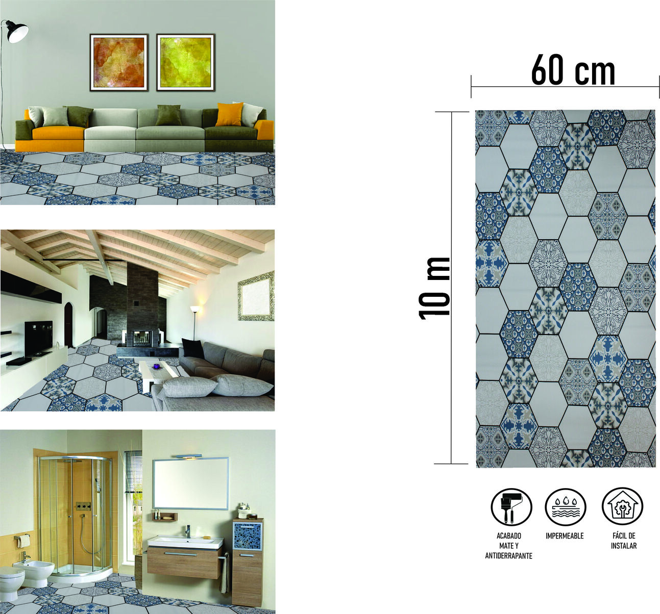 Tapiz Piso Adherible Hexágonos Copos 10m X 60cm Pv03 6m2